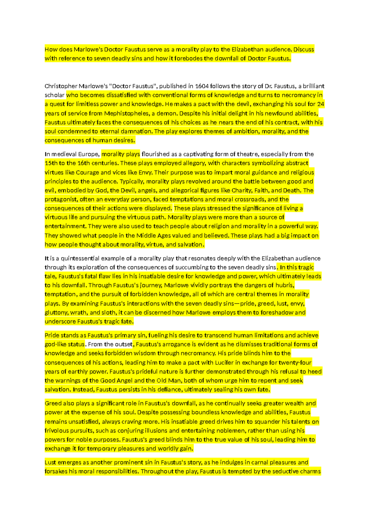 "ENG 201: Dr. Faustus Morality Play Analysis - Sins & Downfall" - Studocu
