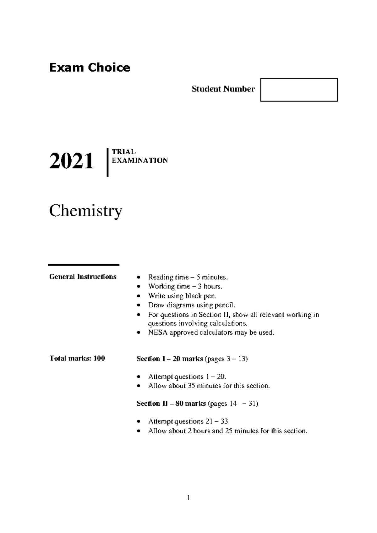 EC 2021 - Chemistry Trial Examination Instructions and Questions - Studocu