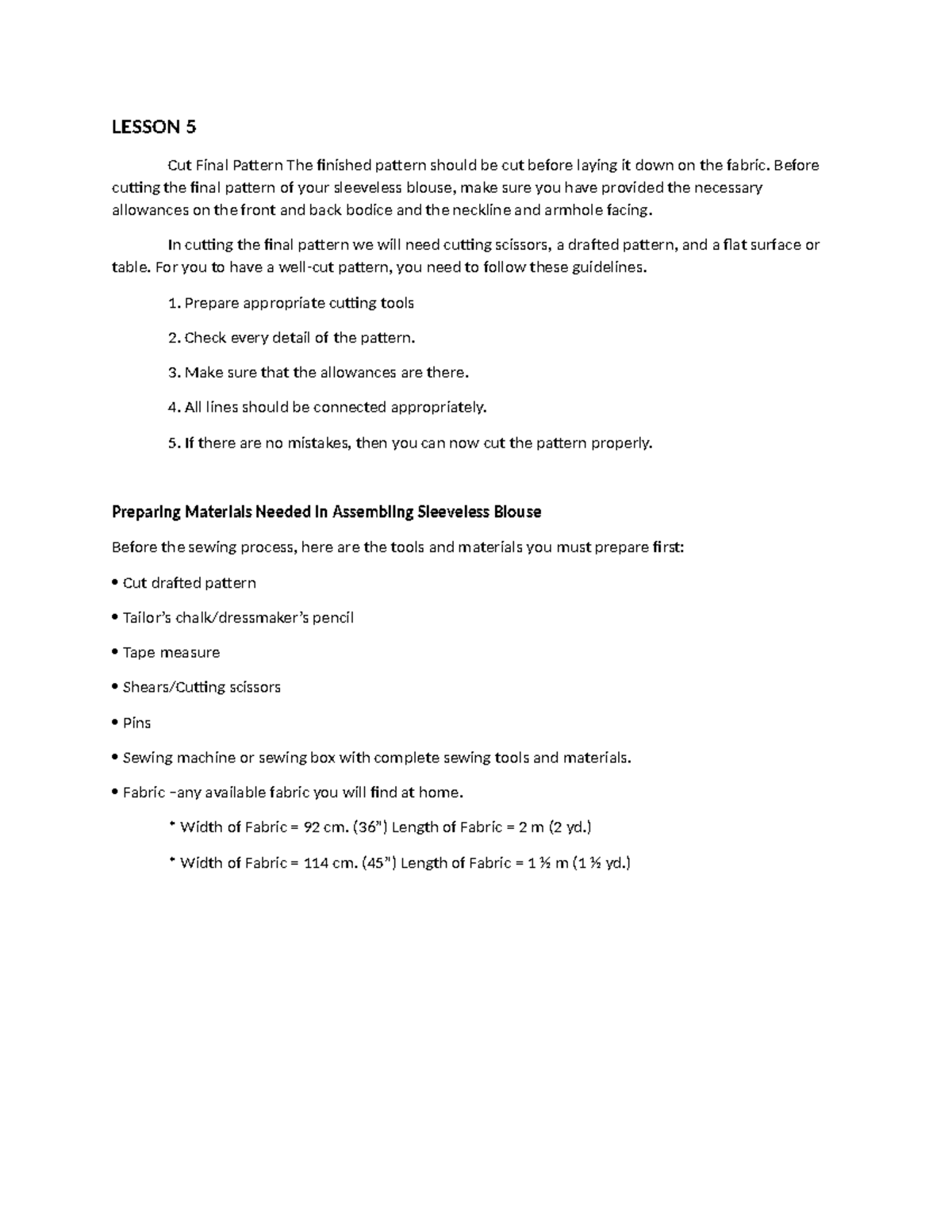 Qtr 2 Lesson 5 - Cutting Final Pattern for Sleeveless Blouse - Studocu