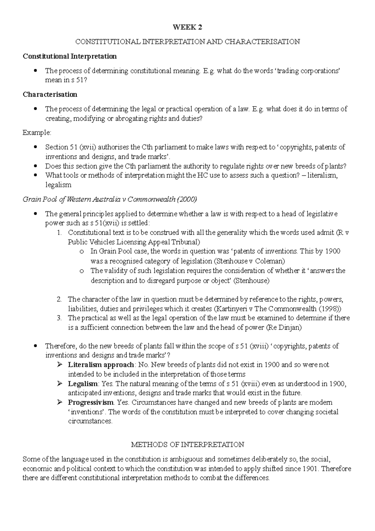 Week 2: Constitutional Interpretation and Characterisation - WEEK 2 ...