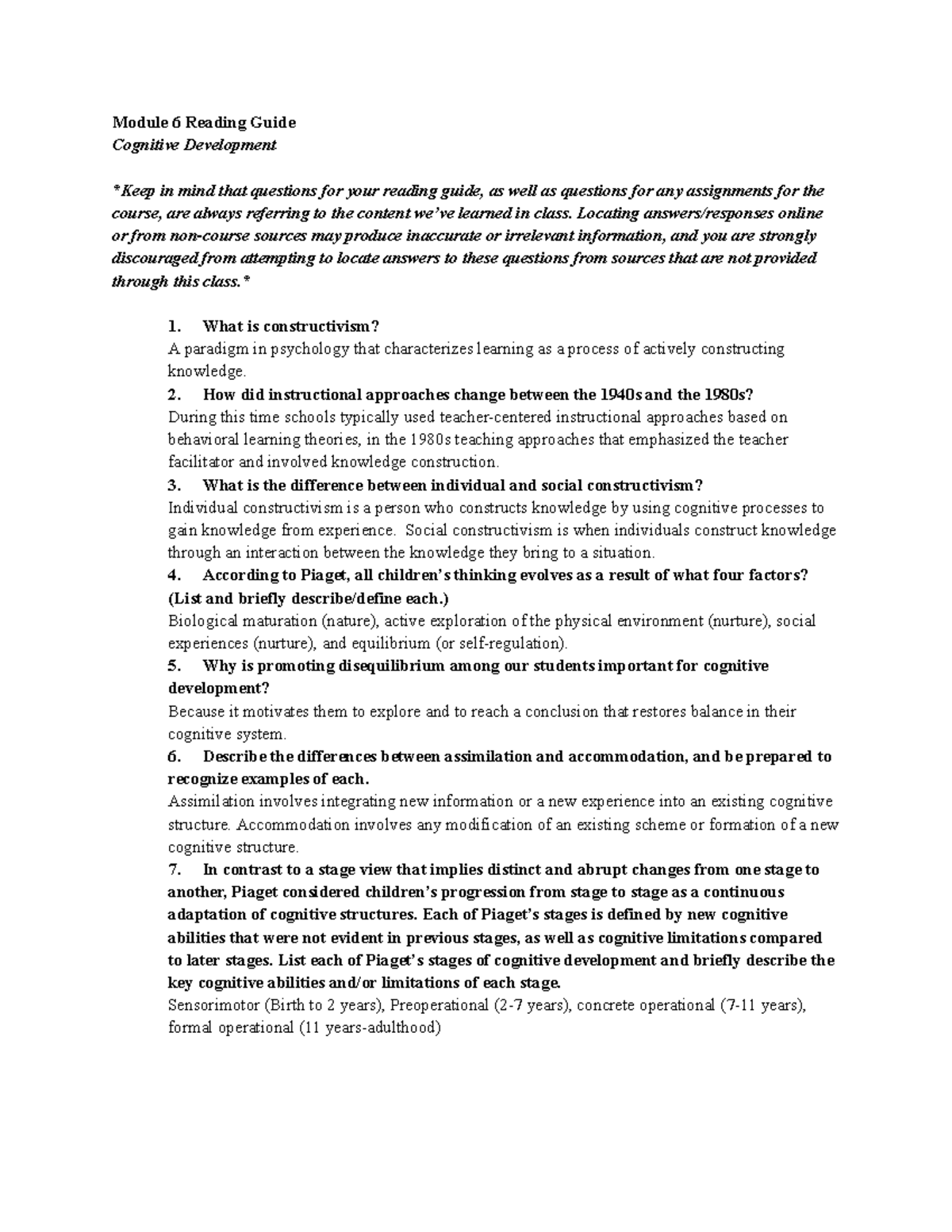 Module 6 Reading Guide - Module 6 Reading Guide Cognitive Development ...