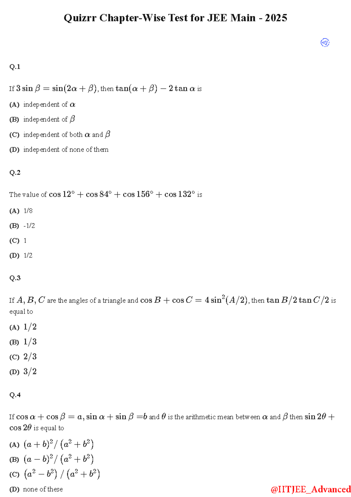 Quiz on Trigonometric Ratios & Identities - Test 3 for JEE Main 2025 ...