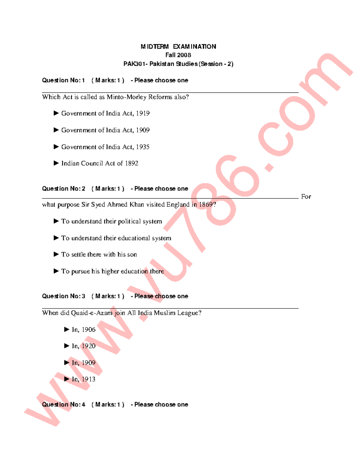 Pak301 final term 1 www - Mcqs - M IDTERM EXAM INATION Fall 2008 PAK301- Pakistan Studies ...