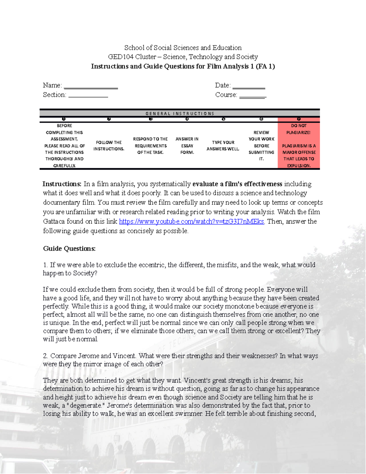 Film Analysis - FOLLOW THE INSTRUCTIONS. RESPOND TO THE REQUIREMENTS OF ...