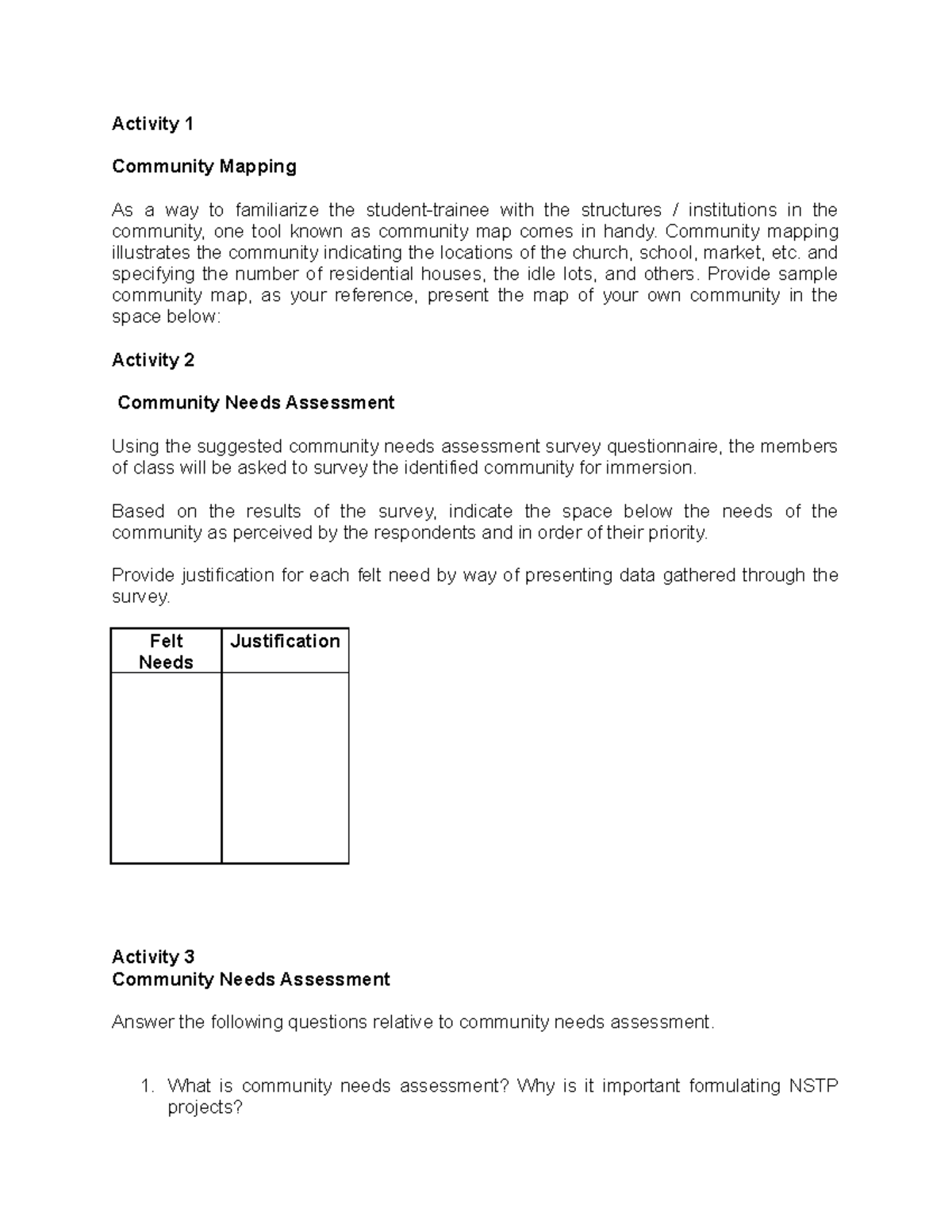 NSTP 101: Community Mapping & Needs Assessment Activities - Studocu