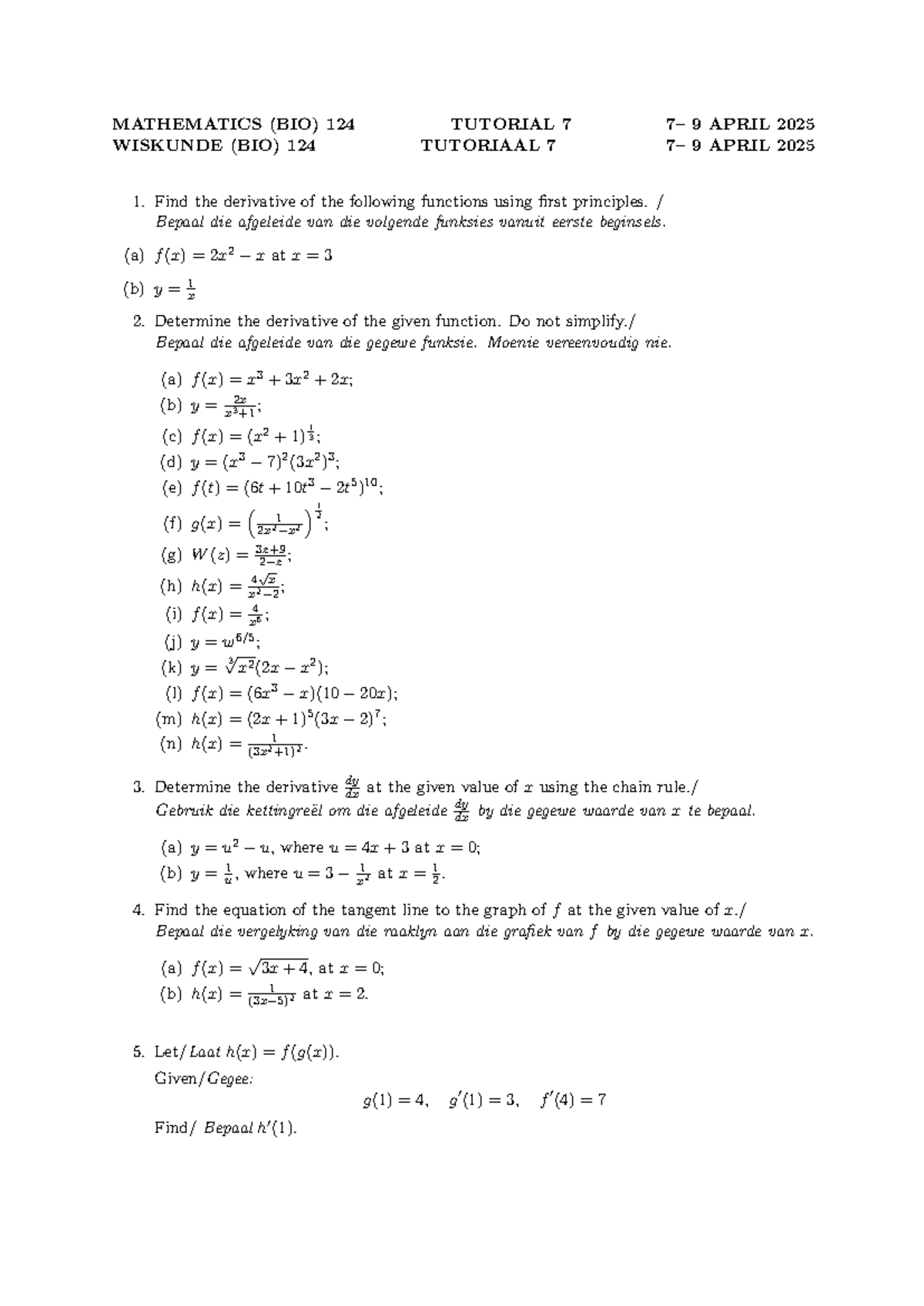 MATHEMATICS (BIO) 124 TUTORIAL 7 - DERIVATIVES & TANGENT LINES - Studocu