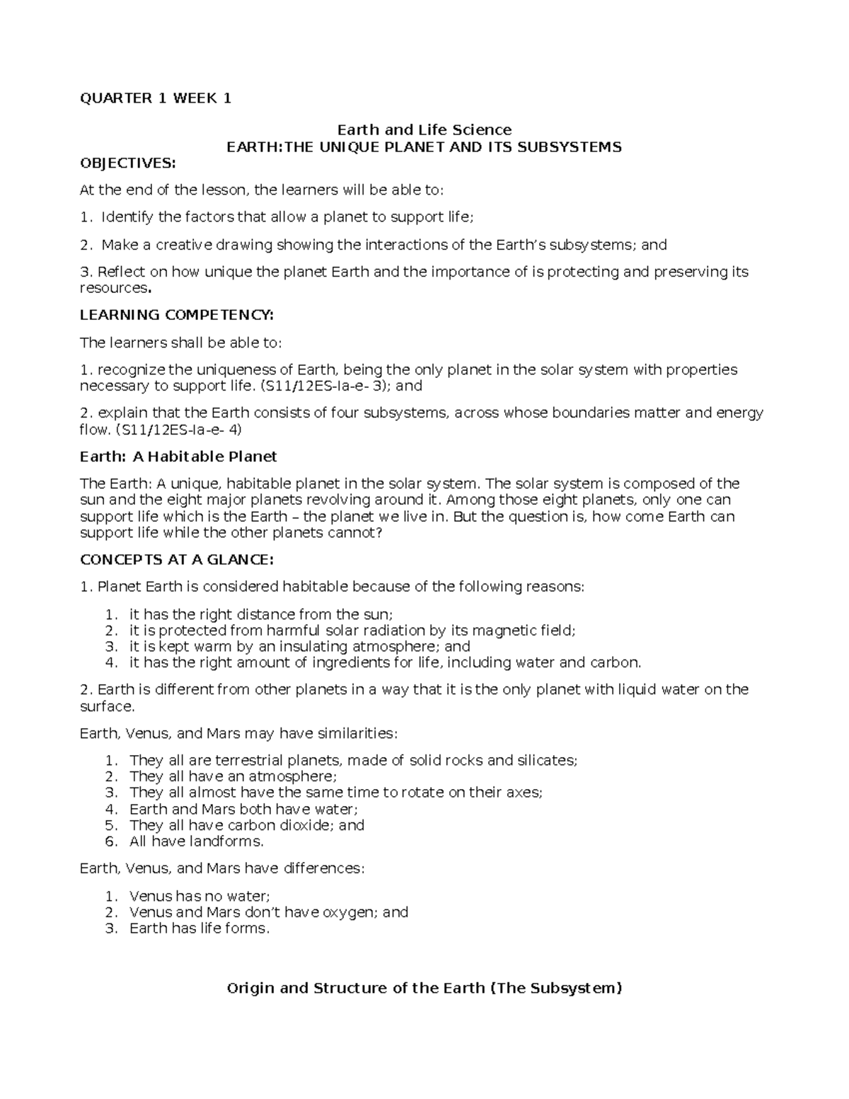ELS-ALS Q1 WEEK 1 LAS: Understanding Earth's Uniqueness and Subsystems ...