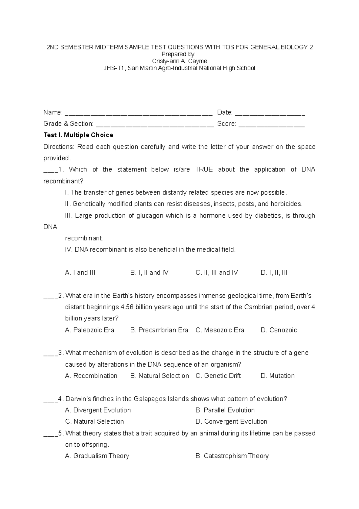 General Biology 2 (BIO2) 2nd Sem Midterm Sample Test Questions - Studocu