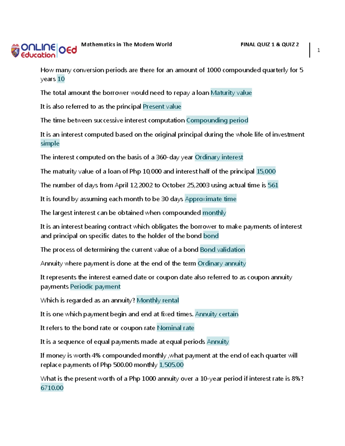 Mathematics in the Modern World - Chapter 1 Summary - Studocu