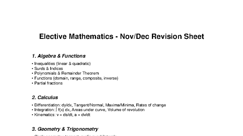 Elective Maths Revision Sheet: Key Topics & Exam Tips - Studocu