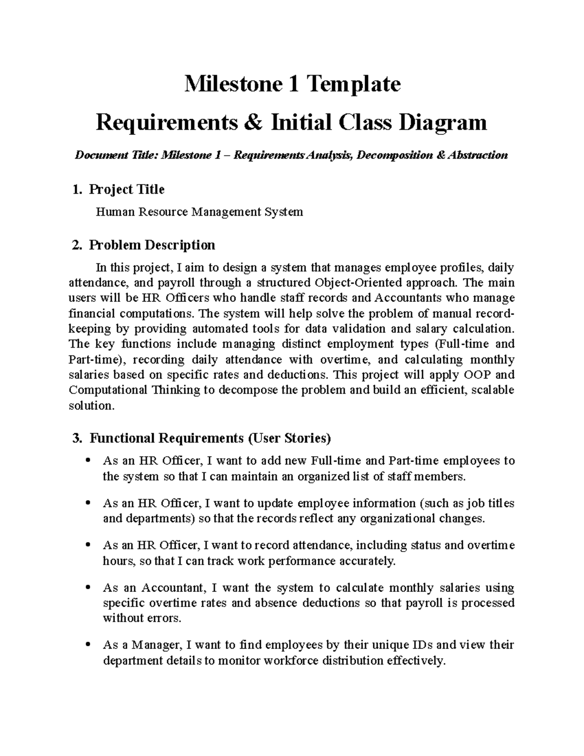 Milestone 1: Requirements Analysis for HR Management System (CS101 ...