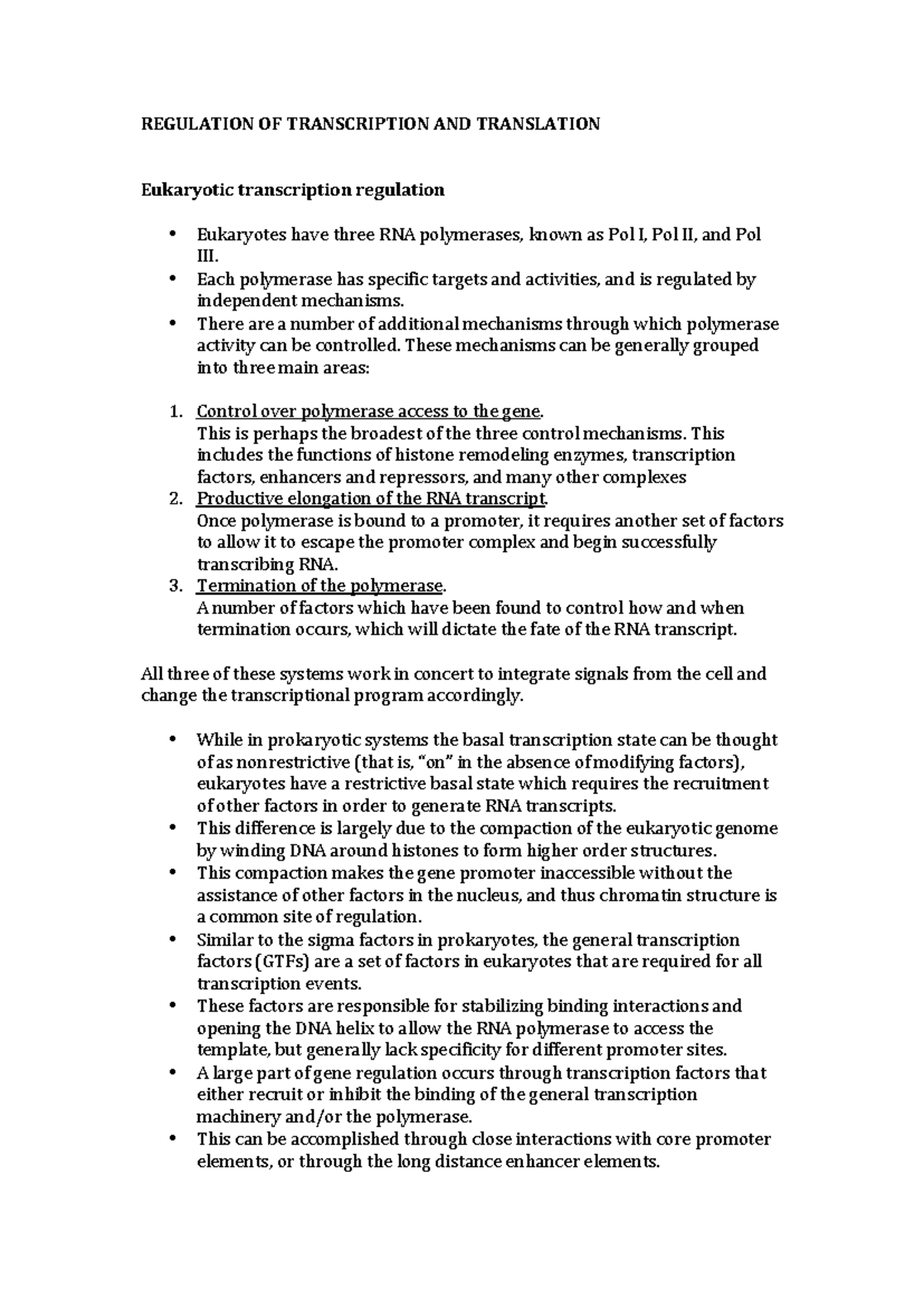 EUK 101: Notes on Regulation of Transcription and Translation - Studocu