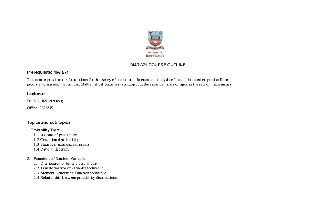 MAT 371 Statistical Inference Course Outline and Topics Summary - Studocu