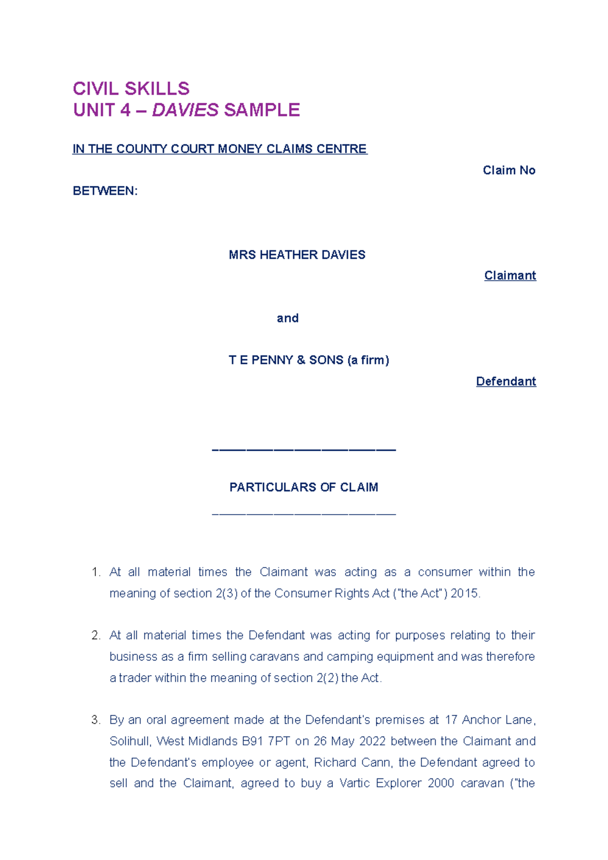 Sample poc - about particulars of claim - CIVIL SKILLS UNIT 4 – DAVIES ...