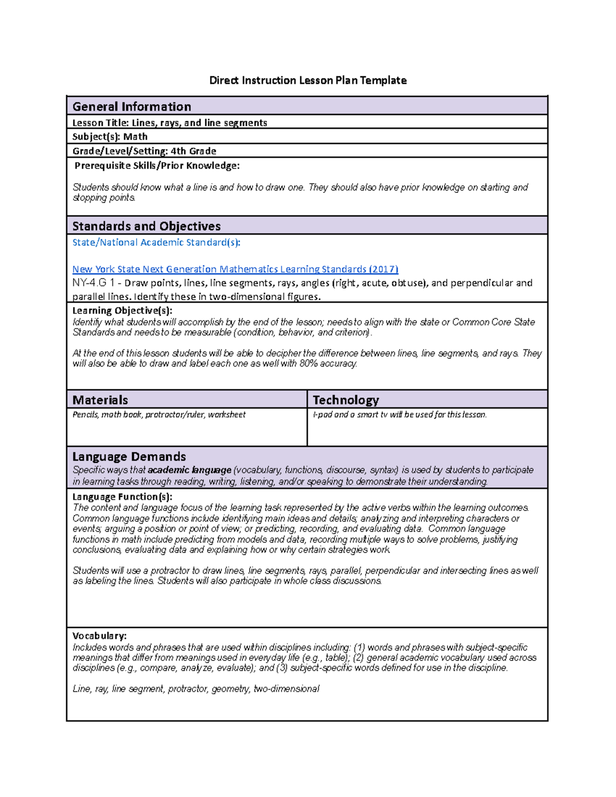 4th Grade Math Lesson Plan: Lines, Rays, and Line Segments - Studocu
