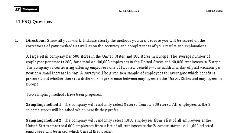 AP STATISTICS Scoring Guide 4.1 FRQ Questions Analysis and Solutions ...