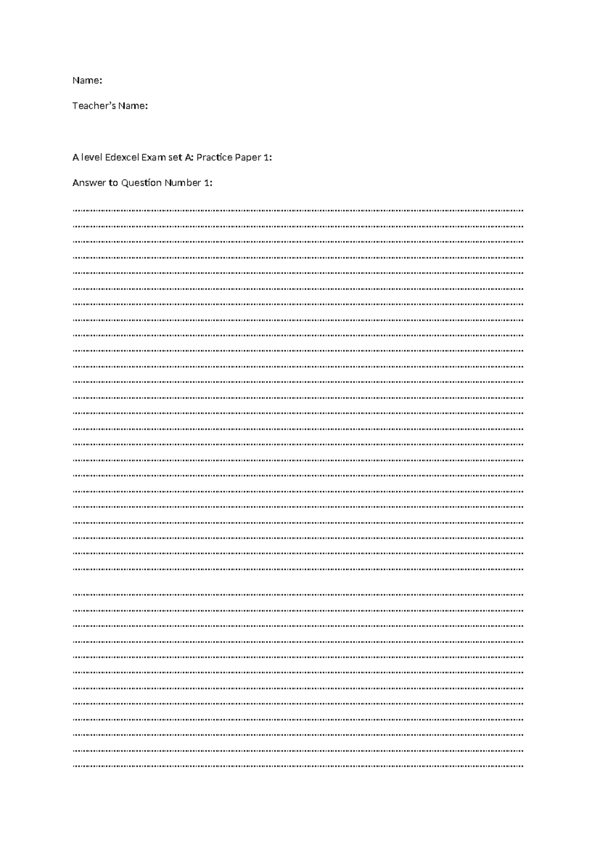 A level Edexcel Exam set A Answer Booklet - Name: Teacher’s Name: A ...