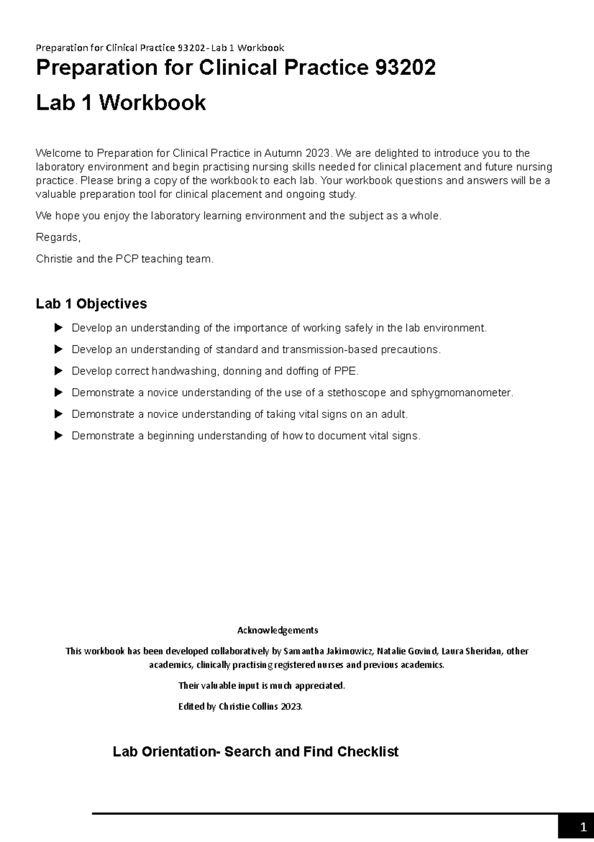 PCP 93202 AUT 2023 Lab 1 Workbook for Clinical Practice Preparation ...