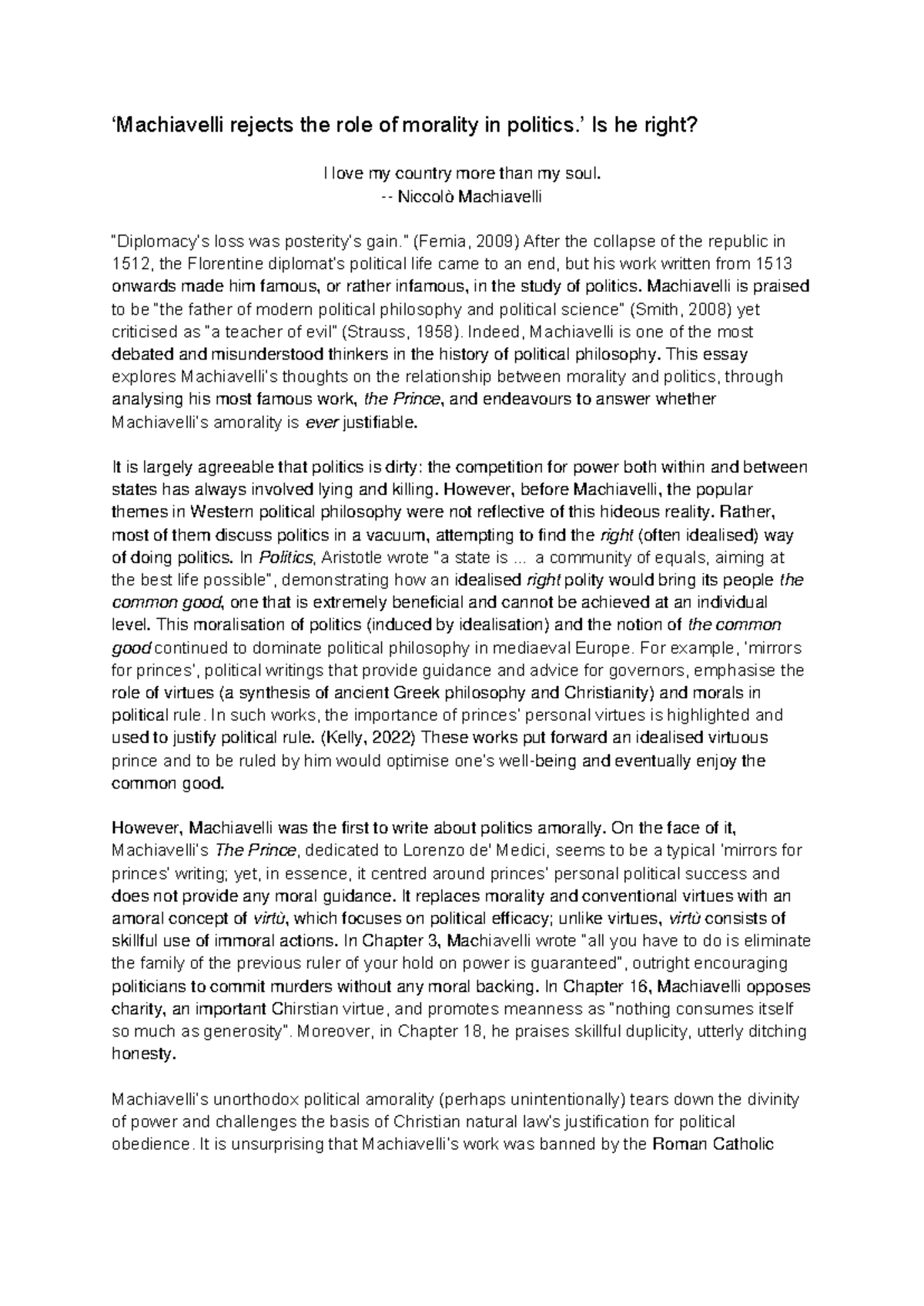 GV100 - The Role of Morality in Machiavelli's Political Philosophy ...
