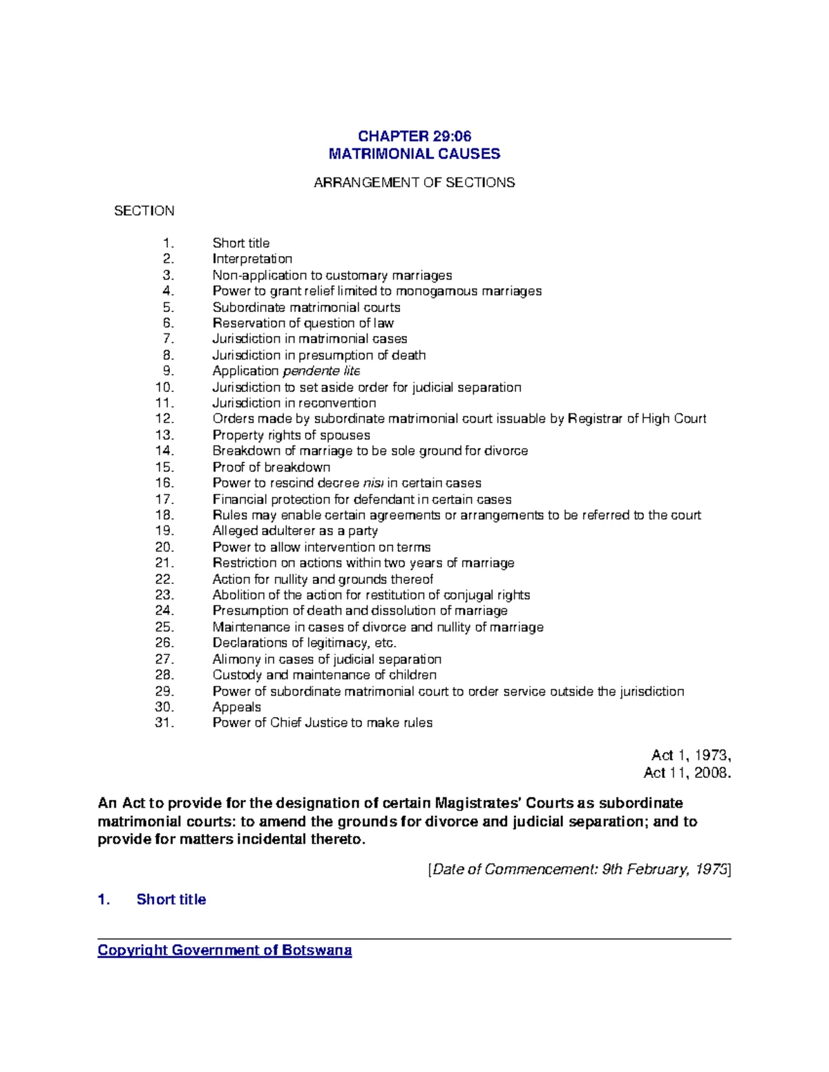 Matrimonial Causes ACT - CHAPTER 29: MATRIMONIAL CAUSES ARRANGEMENT OF ...