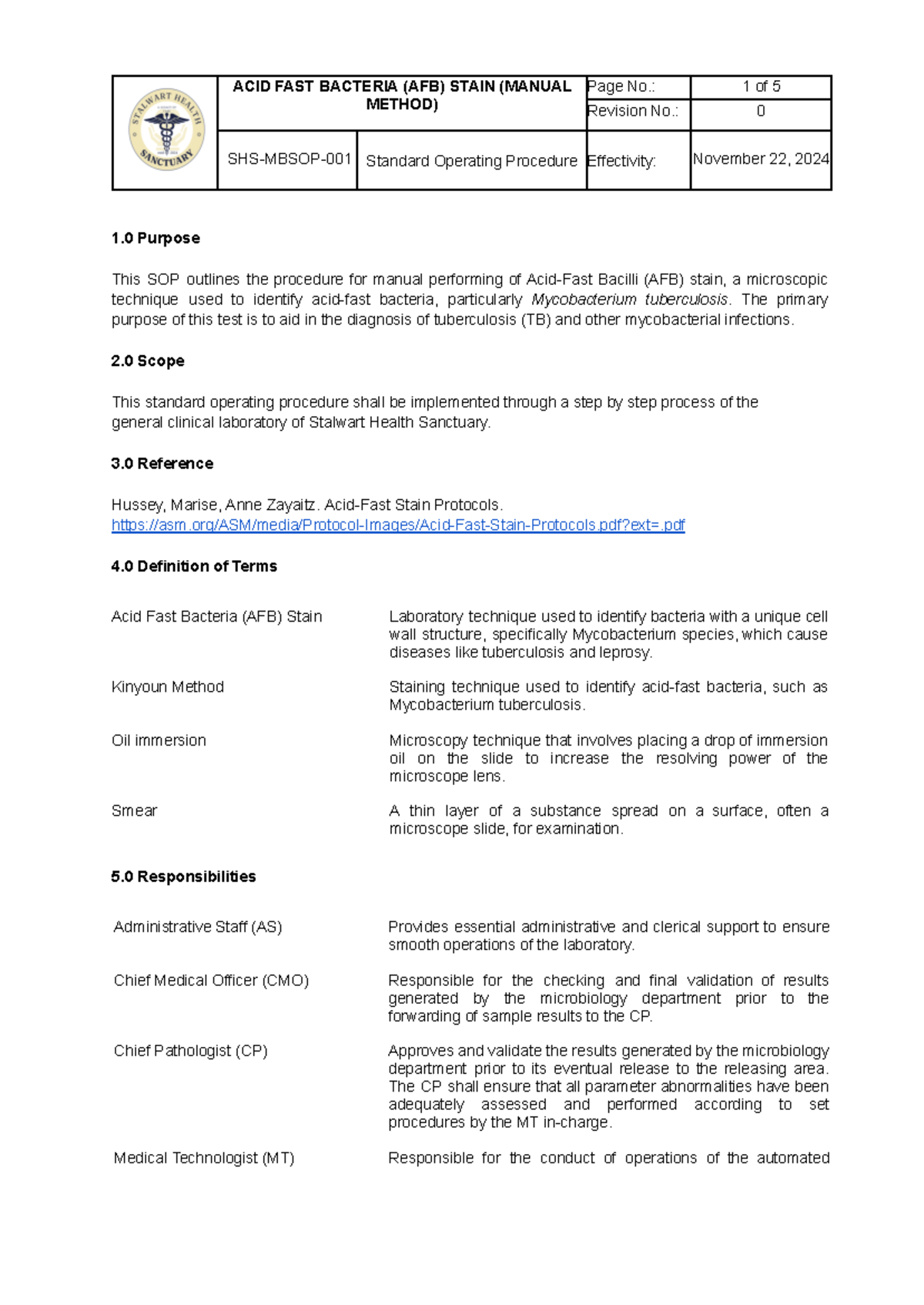 MB-AFB Stain SOP - Acid-Fast Bacilli Staining Procedure Guide - Studocu