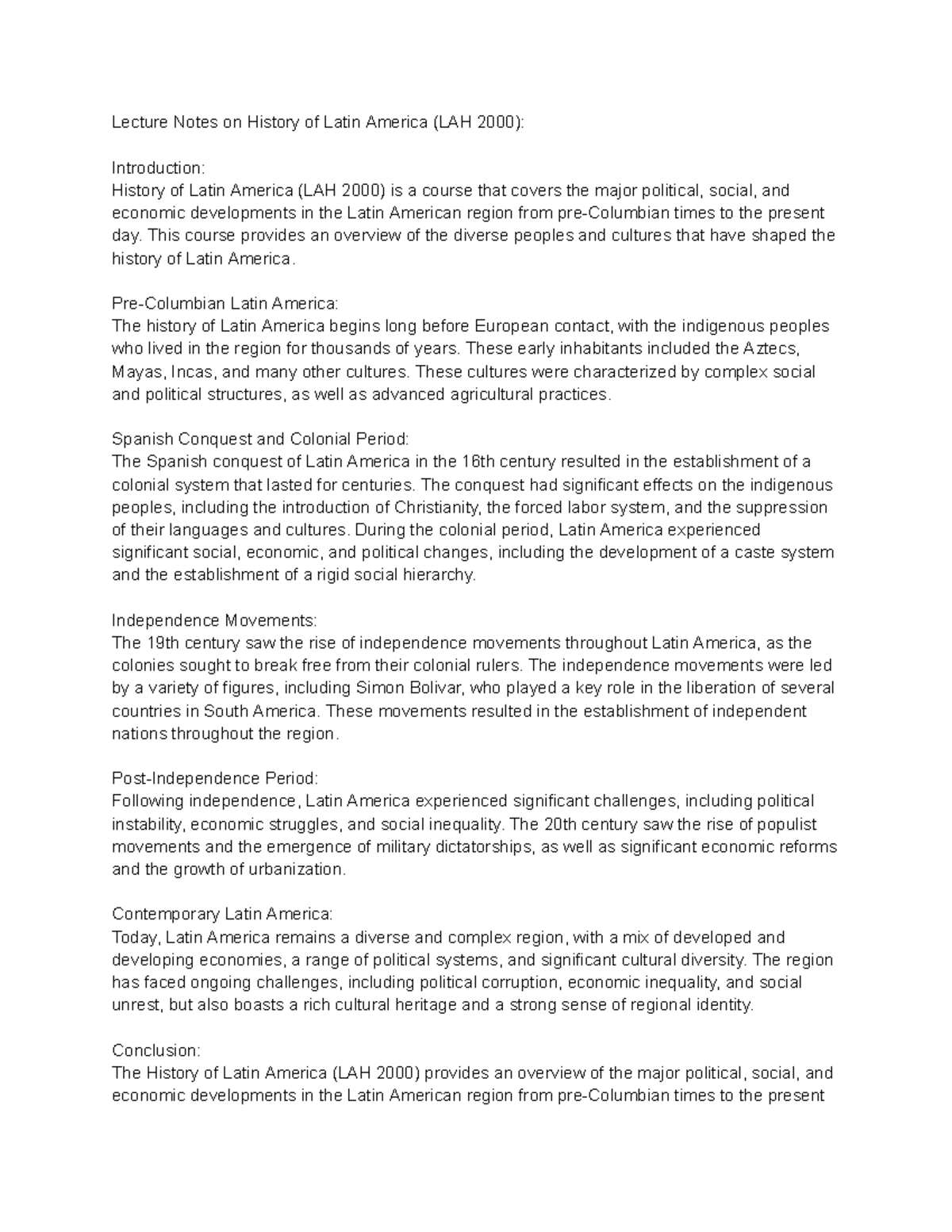 Lecture Notes on History of Latin America (LAH 2000) Overview - Studocu