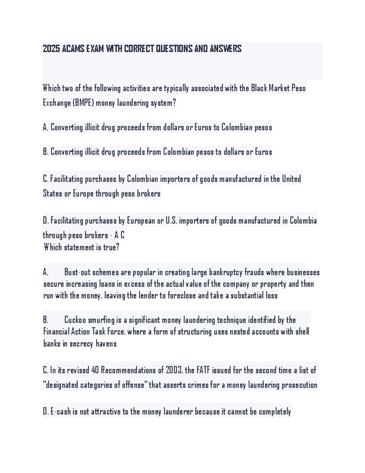 2025 ACAMS Exam: Correct Questions & Answers Overview - Studocu