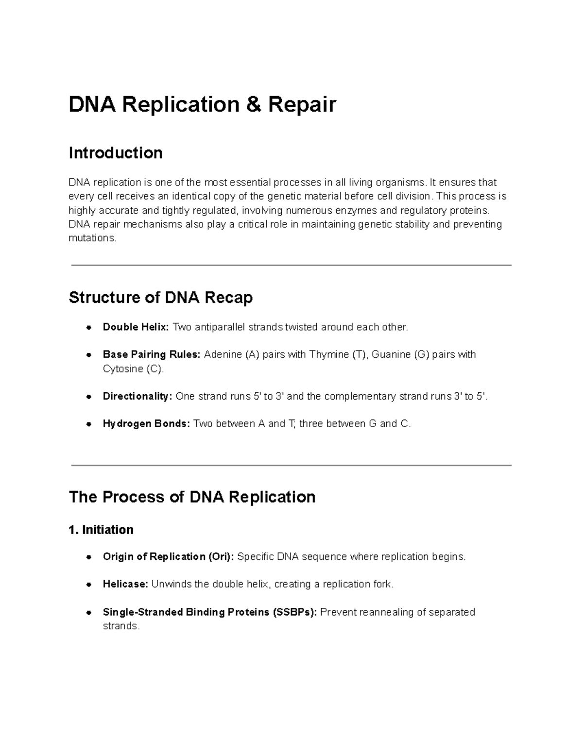 DNA Replication & Repair Overview: Key Processes and Mechanisms - Studocu