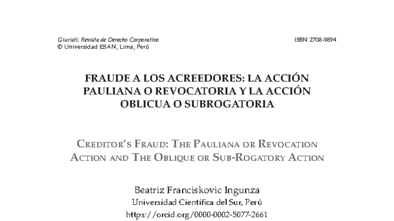 Fraude a Acreedores: Acción Pauliana y Oblicua - Estudio Jurídico - Studocu