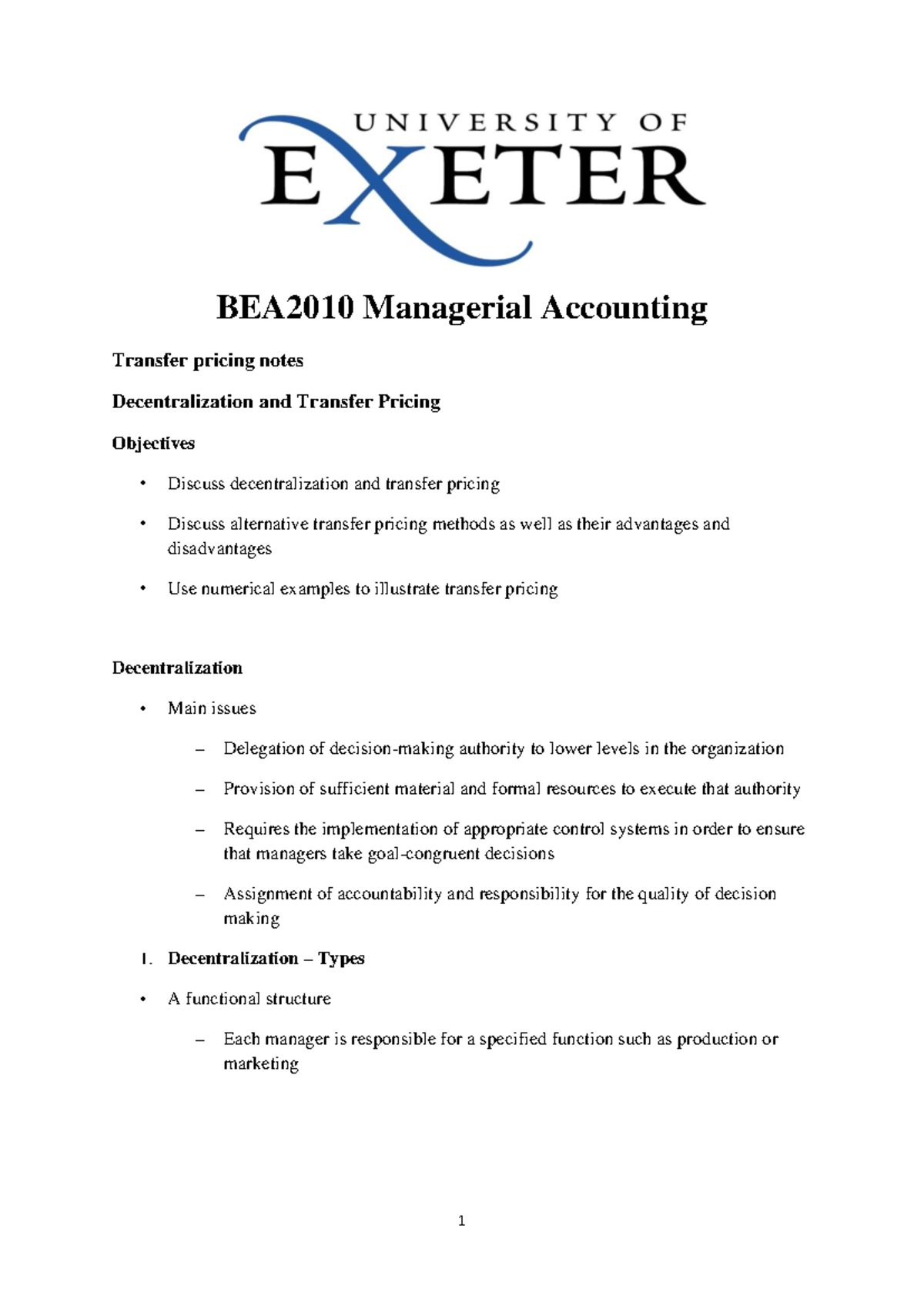 BEA2010 Managerial Accounting: Transfer Pricing & Decentralization ...