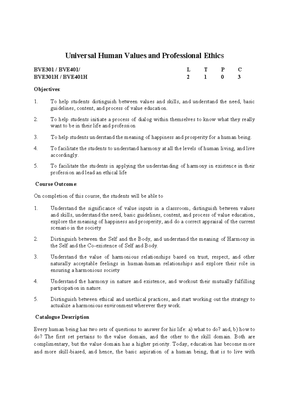 AKTU BVE301/BVE401 - Universal Human Values & Ethics Syllabus - Studocu