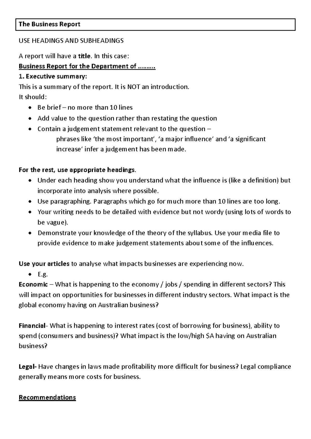 Business Report Scaffold for NSW Department of State and Regional ...
