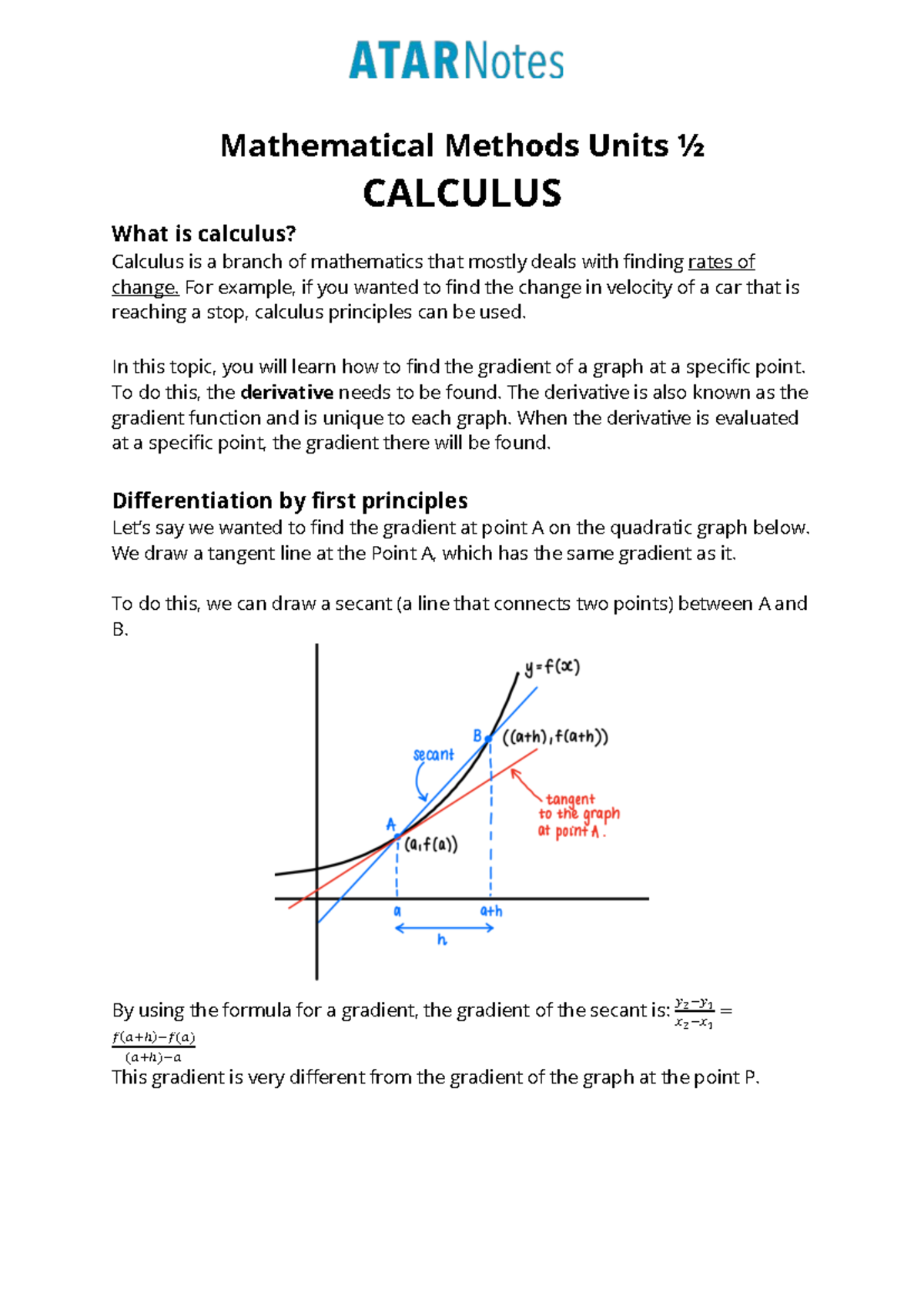 Maths Methods ½: Calculus Notes on Differentiation & Integration - Studocu