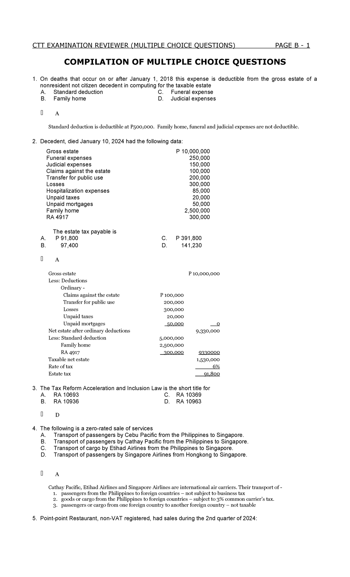 CTT EXAMINATION REVIEWER: MULTIPLE CHOICE QUESTIONS COMPILATION - Studocu