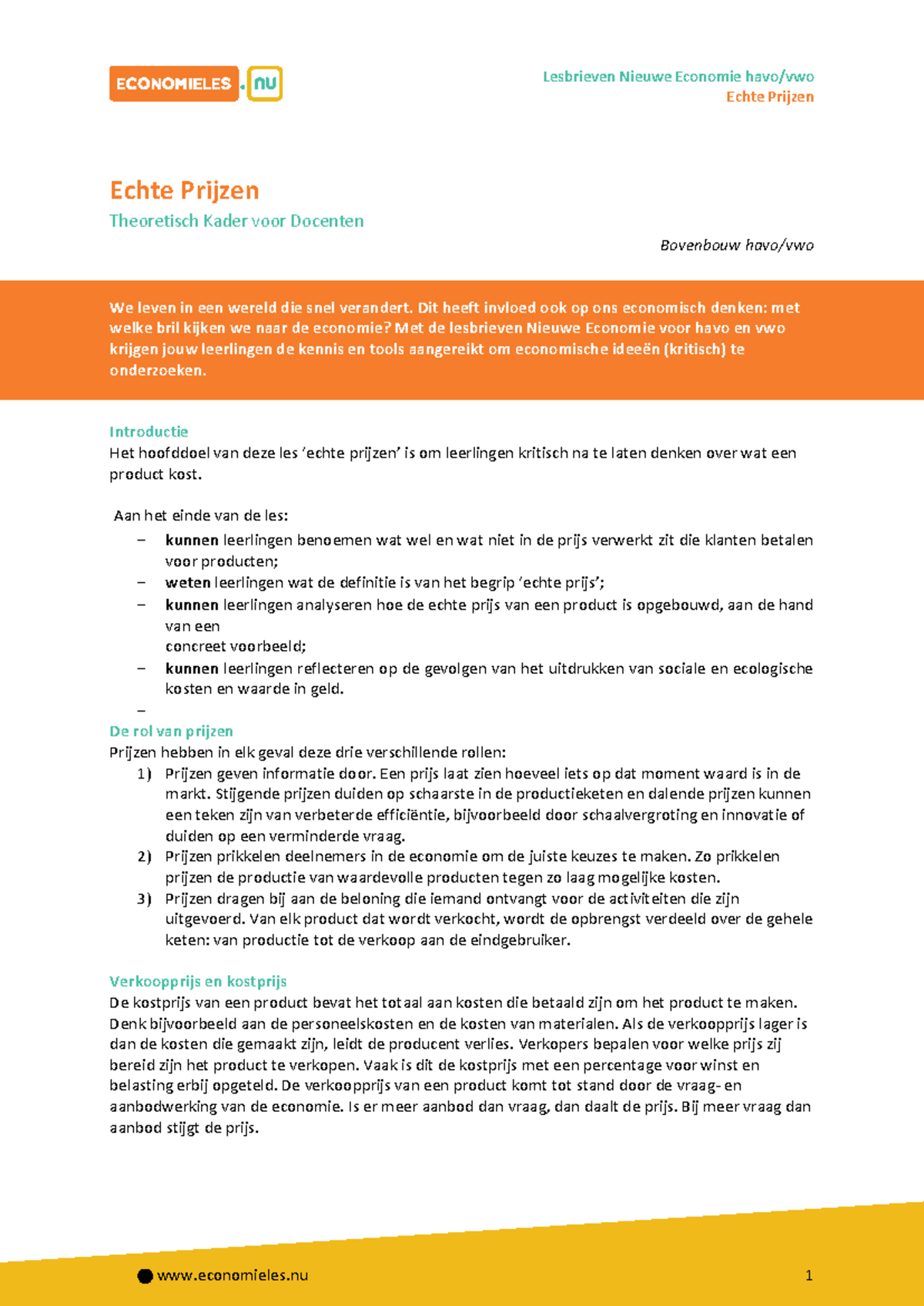 Lesbrief Echte Prijzen: Theoretisch Kader voor Docenten Bovenbouw ...