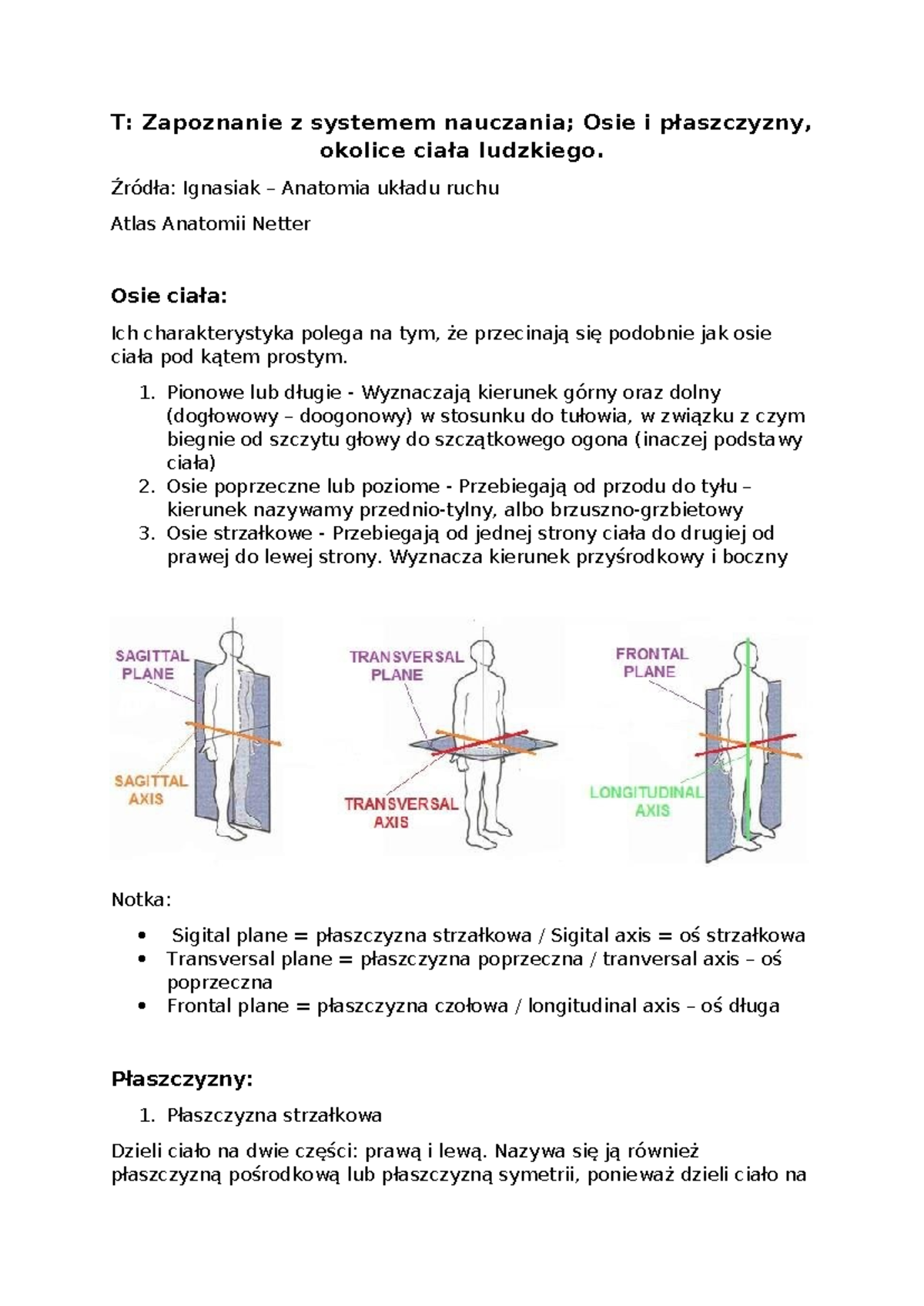Osie, Płaszczyzny i Okolice Ciała Ludzkiego - Anatomia 101 - Studocu