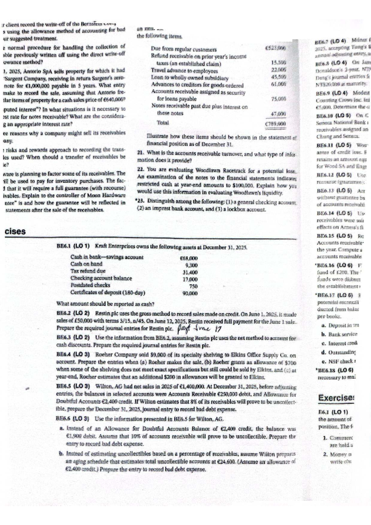 "Accounting for Receivables: Exercises BE6.1 to BE6.21 (LO 1-6)" - Studocu