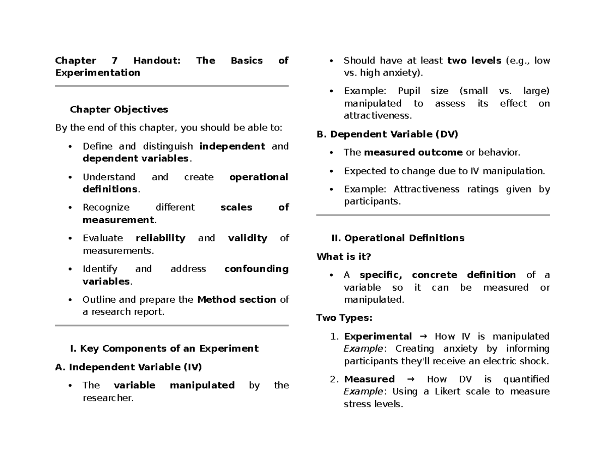 Chapter 7 handout: Experimentation basics and key components - Studocu