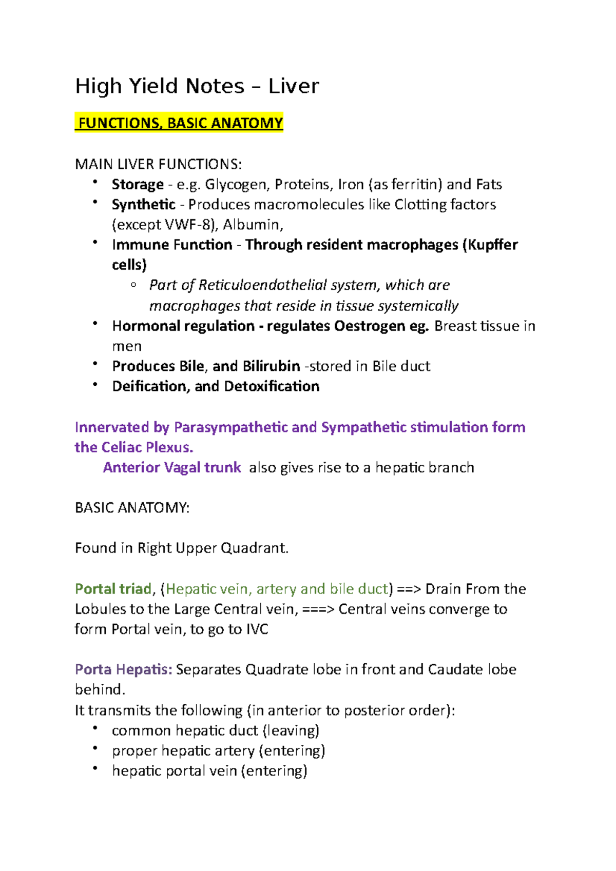 High Yield Notes - Liver - High Yield Notes – Liver FUNCTIONS, BASIC ...