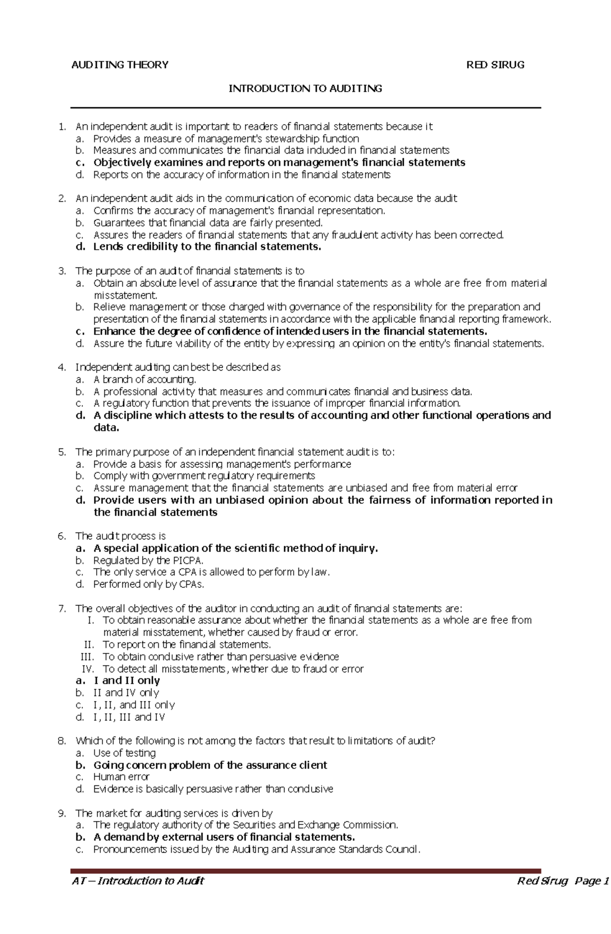 Introduction to Auditing - MCQ - AUDITING THEORY RED SIRUG INTRODUCTION TO AUDITING An ...
