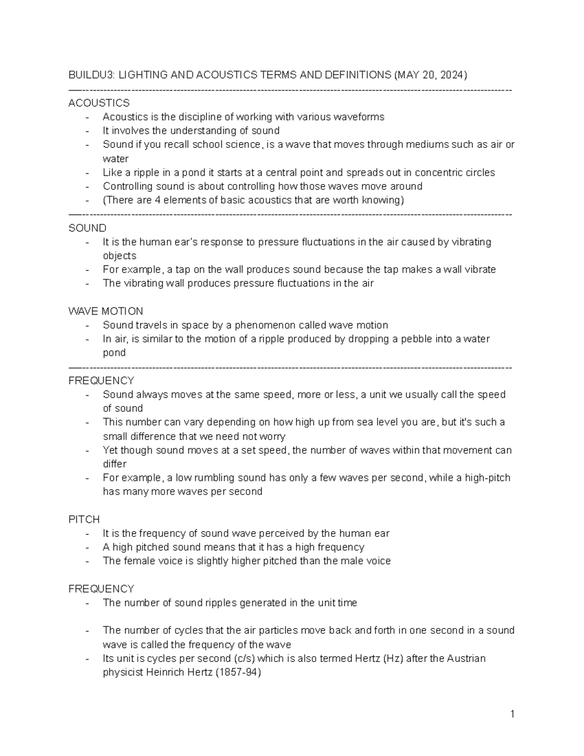 BUILDU3: Lighting & Acoustics Terms & Definitions - Study Guide - Studocu