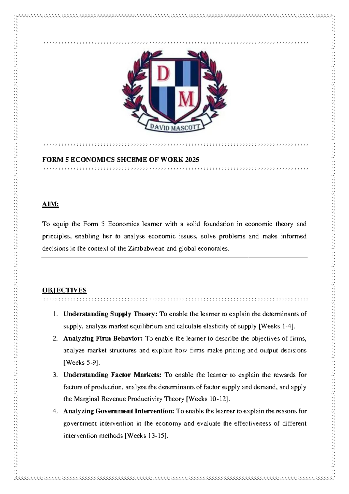 FORM 5 ECONOMICS SCHEME OF WORK 2025: Comprehensive Learning Plan - Studocu