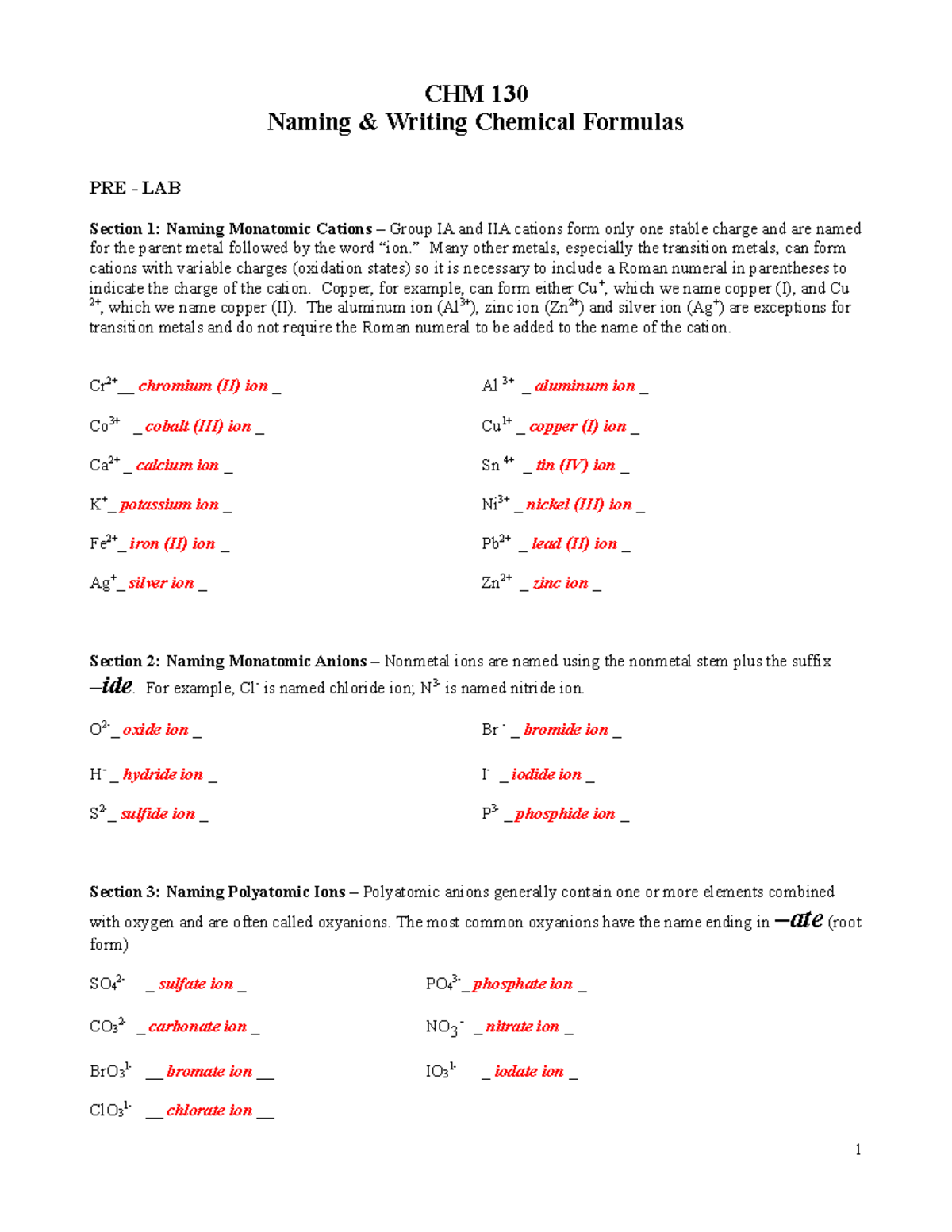 Lab 4 CHM130LL Naming & Writing Chemical Formulas with Answer Key - Studocu