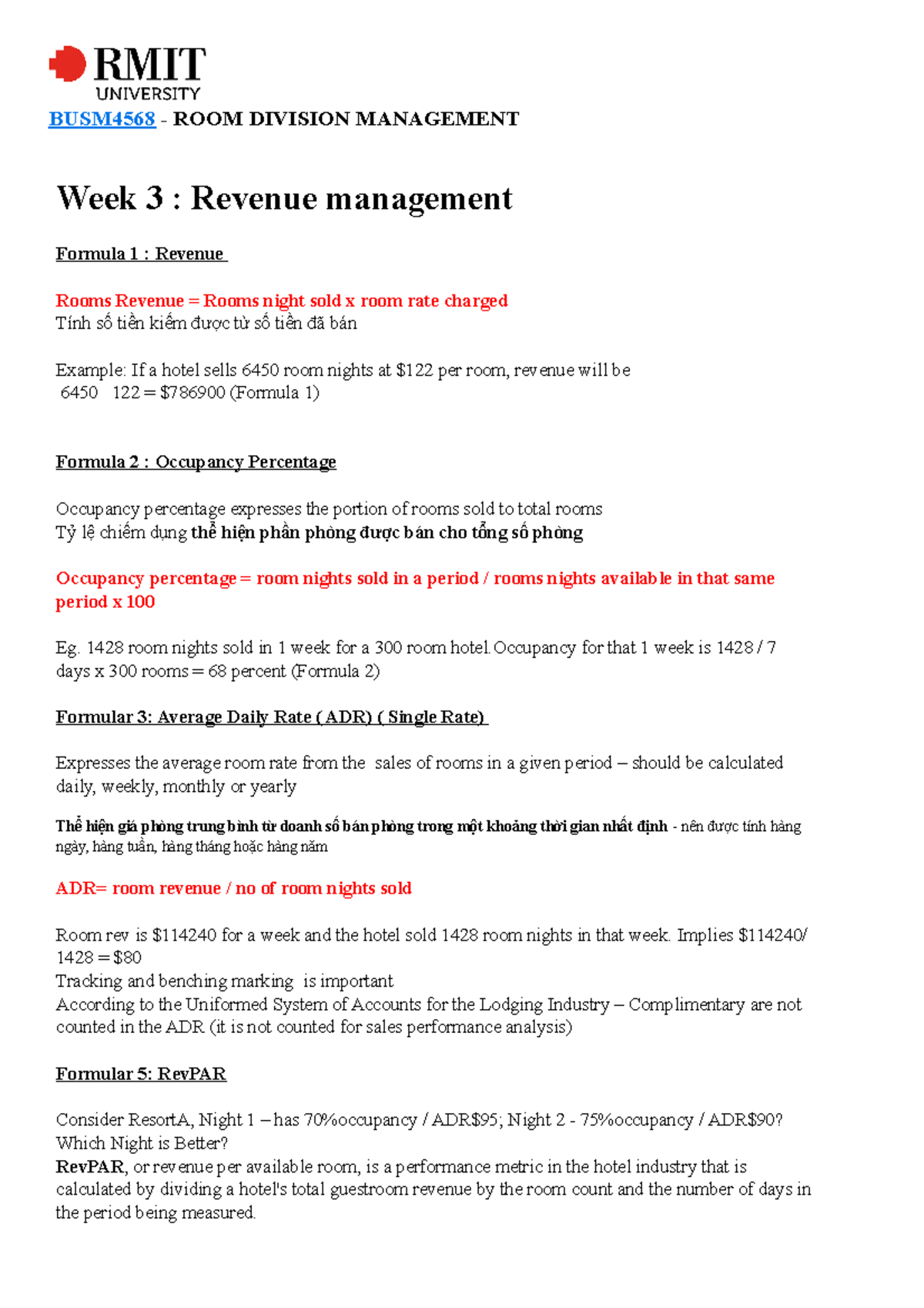 BUSM4568 Revenue Management Concepts and Formulas in Room Division ...