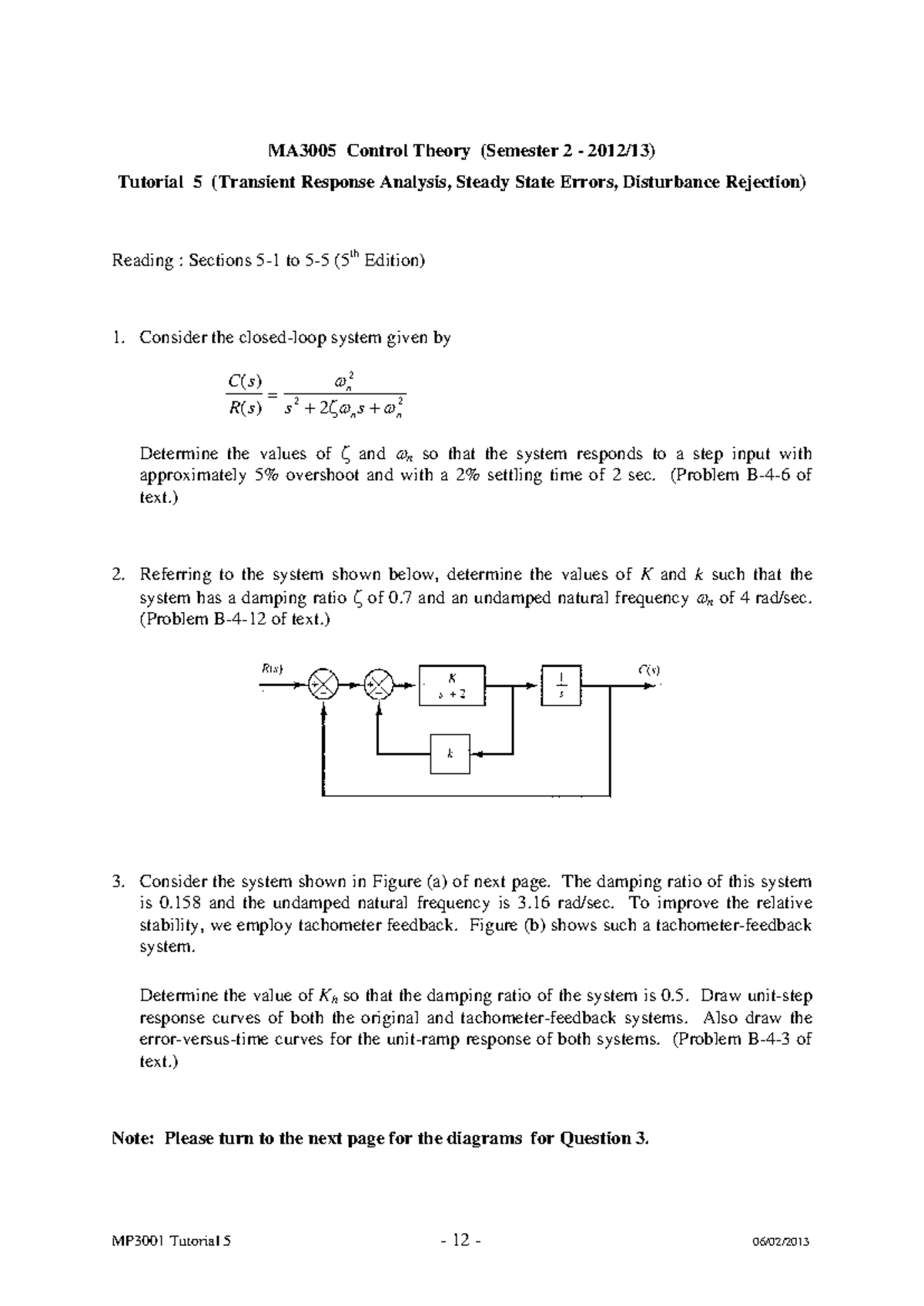 MA3005 Control Theory: Tutorial 5 on Transient Response Analysis - Studocu