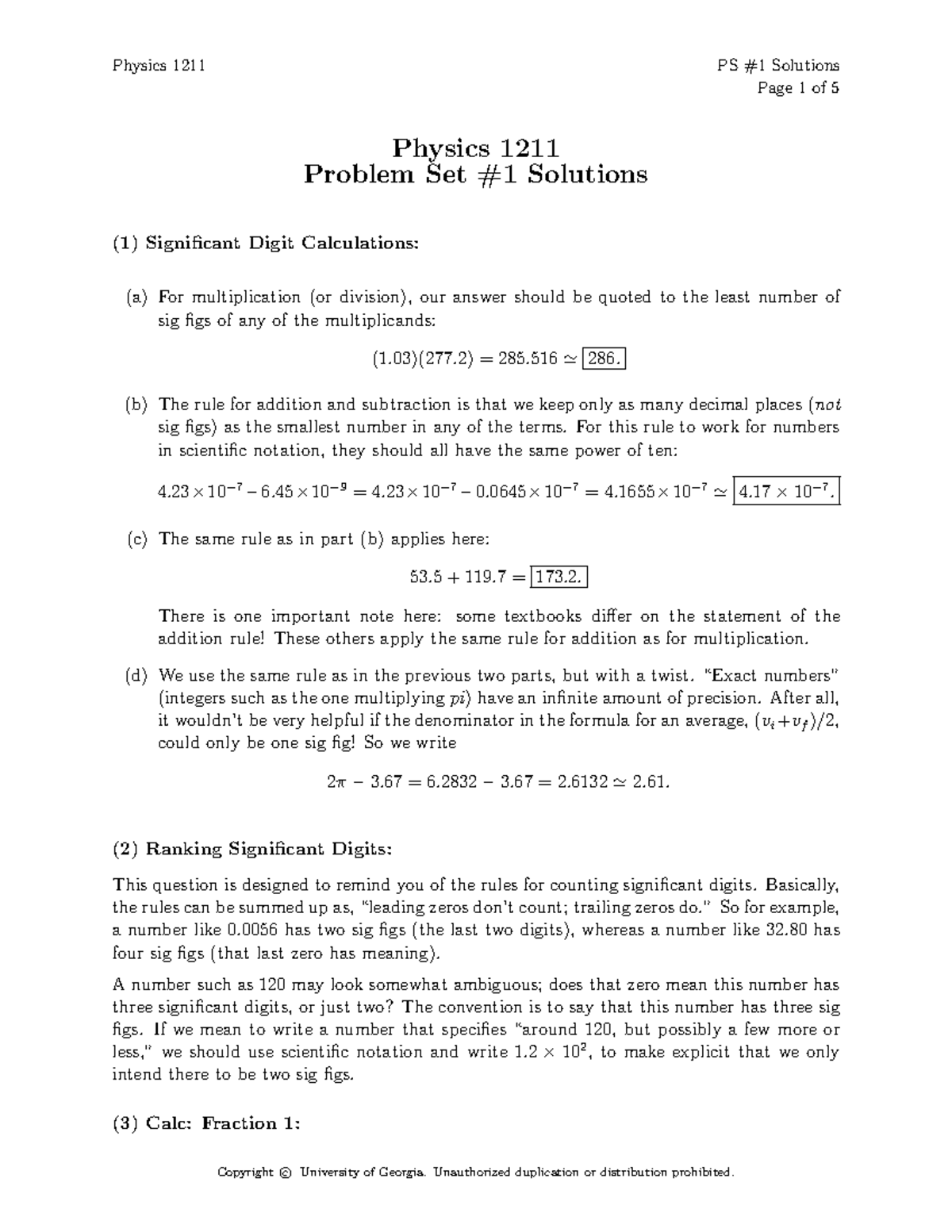 1211Problem Set 01 solns - Page 1 of 5 Physics 1211 Problem Set #1 ...