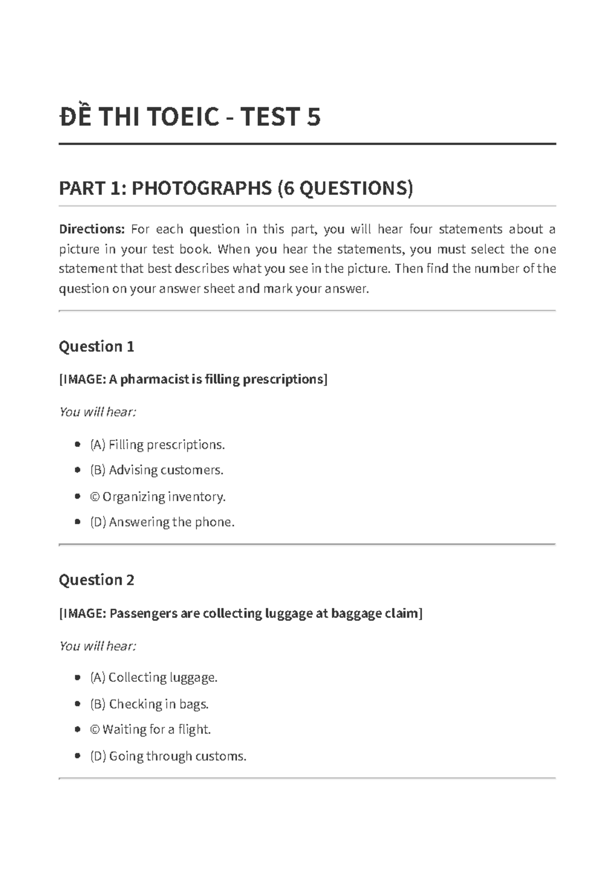 ĐỀ THI TOEIC TEST 5: PHOTOGRAPHS PART 1 PRACTICE QUESTIONS - Studocu