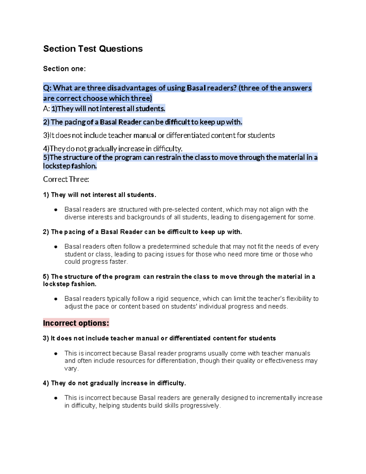 Section Test Questions - Section Test Questions Section one: Q: What ...