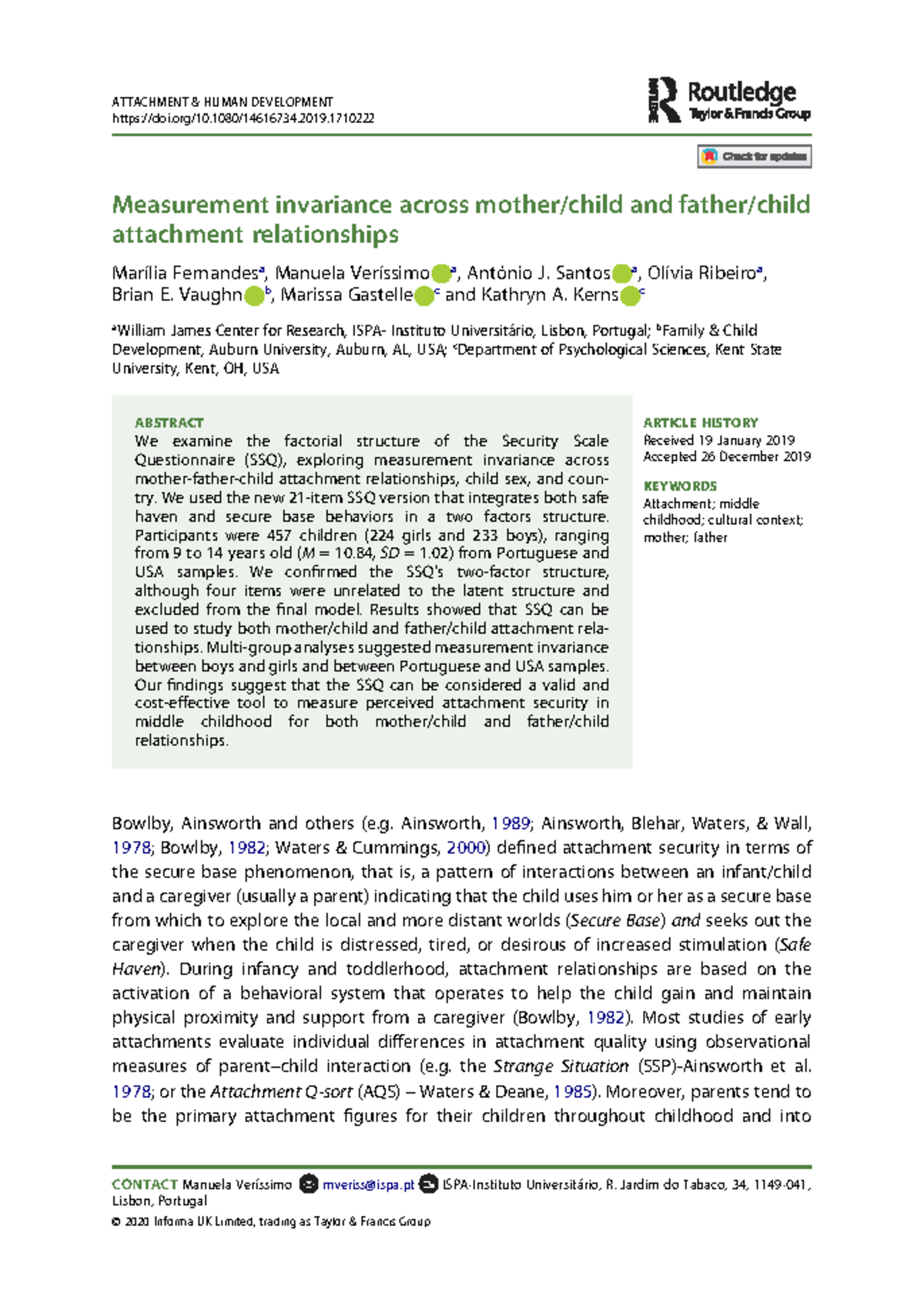 Measurement Invariance of the Security Scale Questionnaire (SSQ) in ...