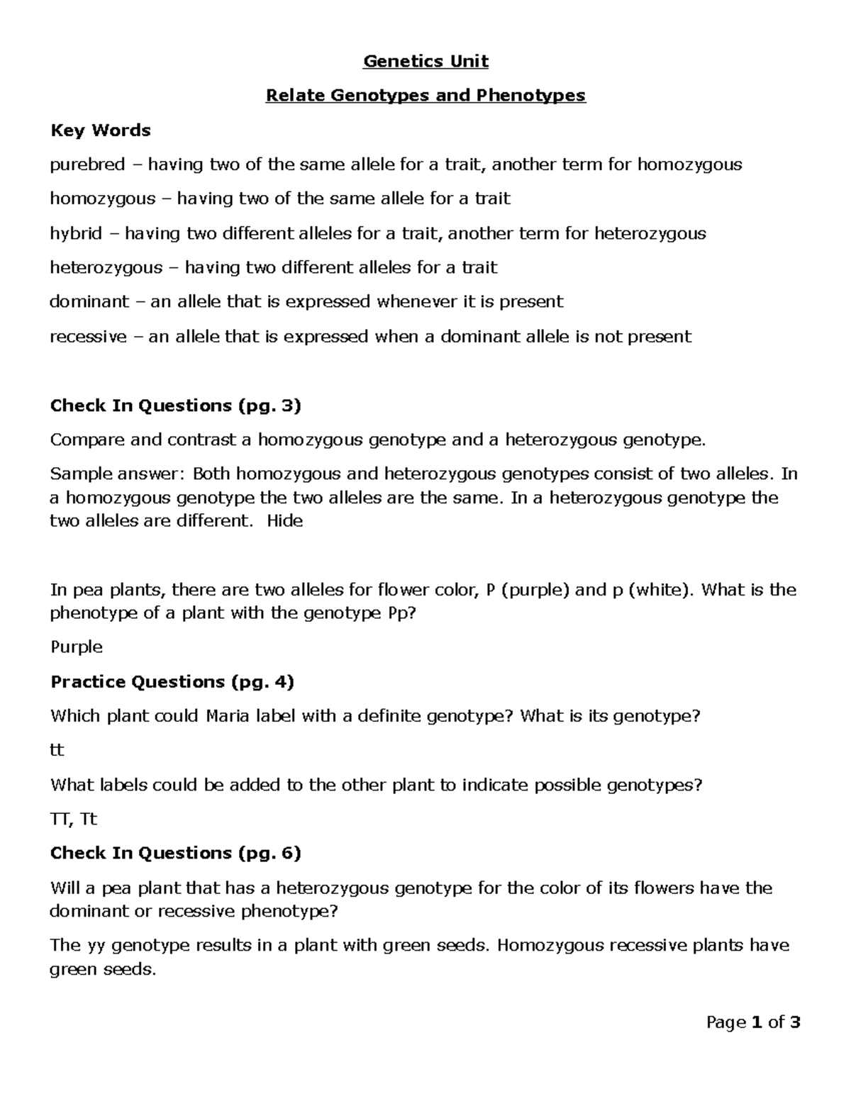 Genotypes and Phenotypes Overview – Genetics Unit KW PQ CIQ - Studocu